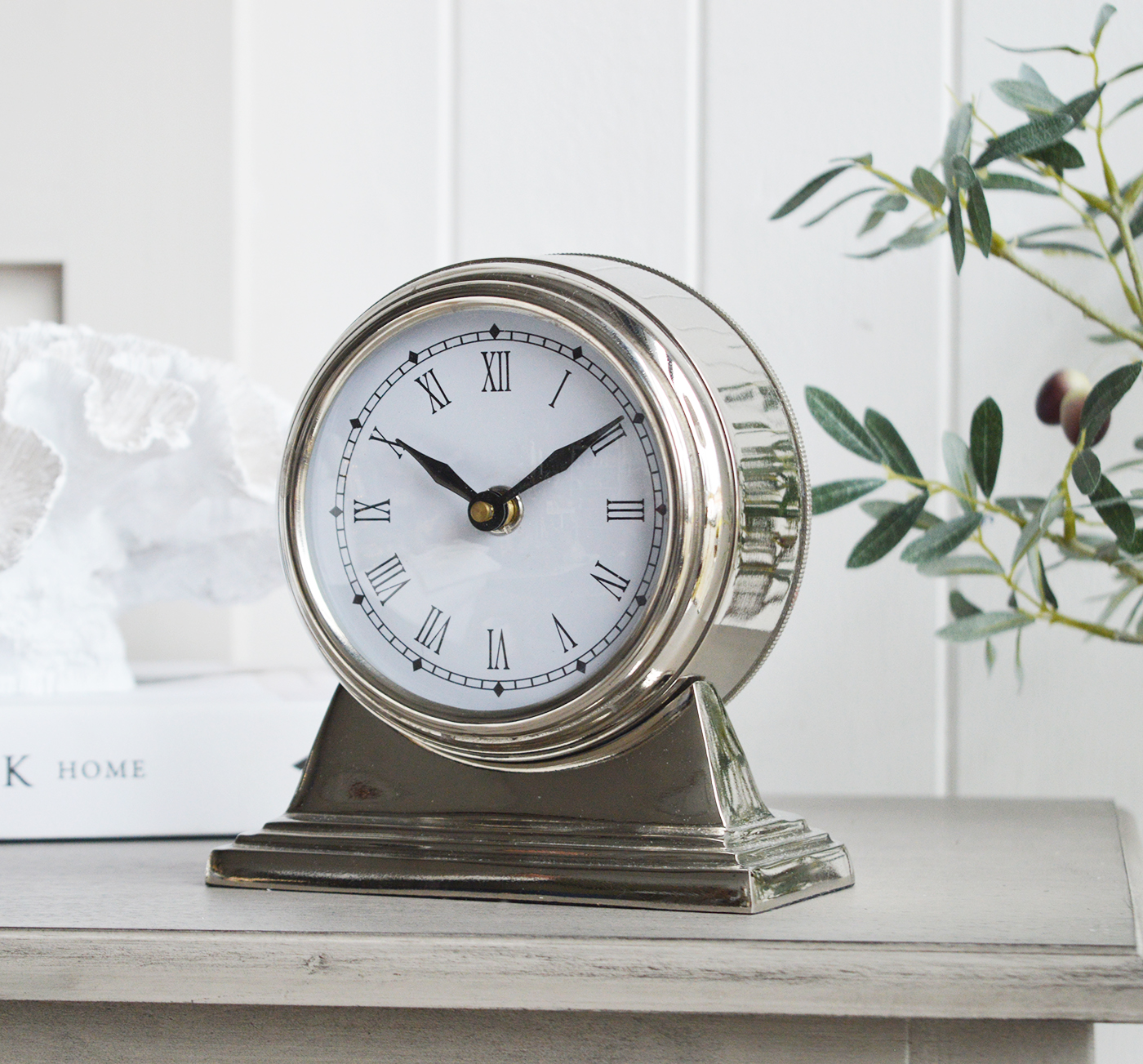 Polished Silver Mantel Clock - New England Furniture and accessories