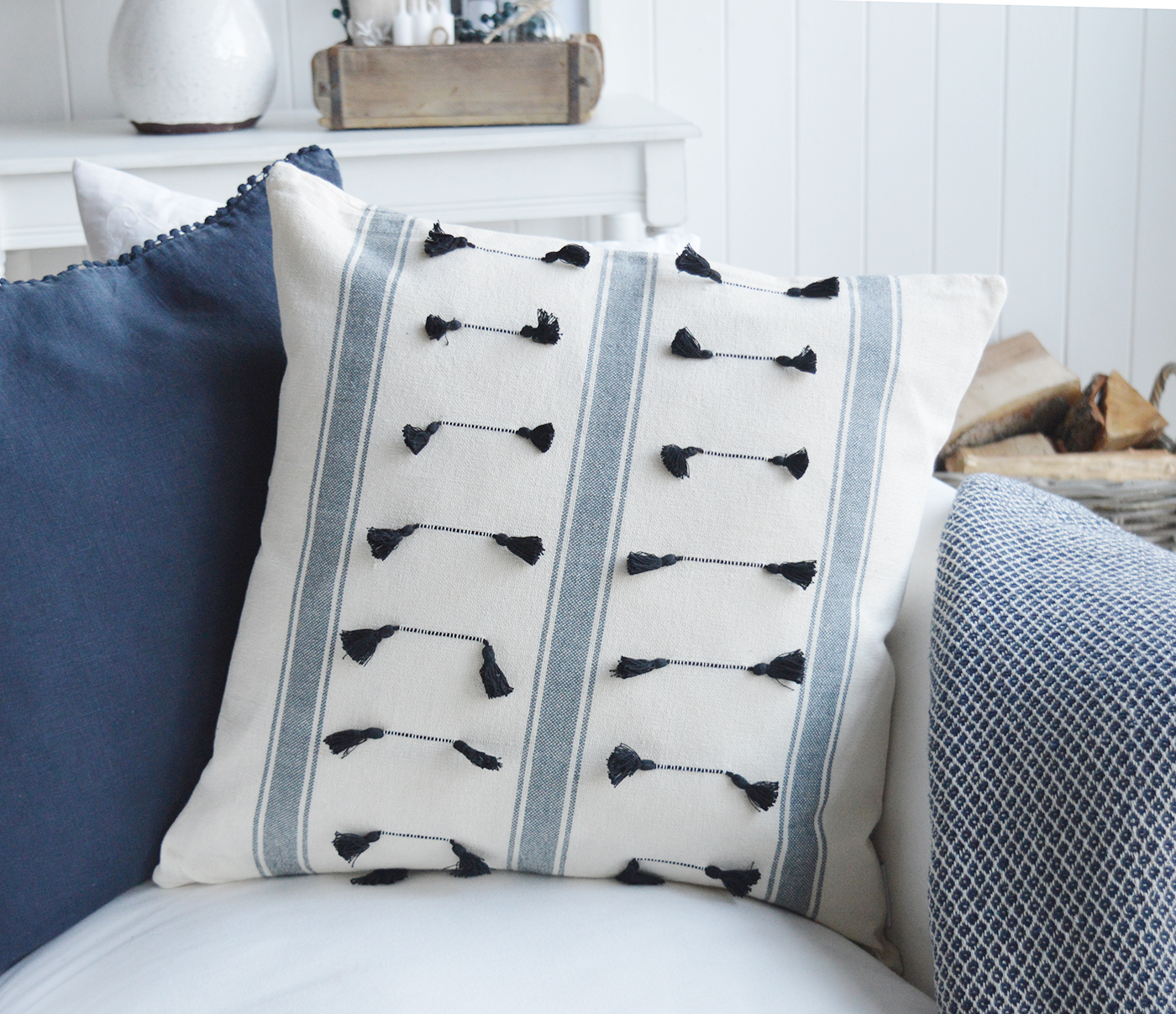 Bristol navy stripe cushion with Navy Stripes