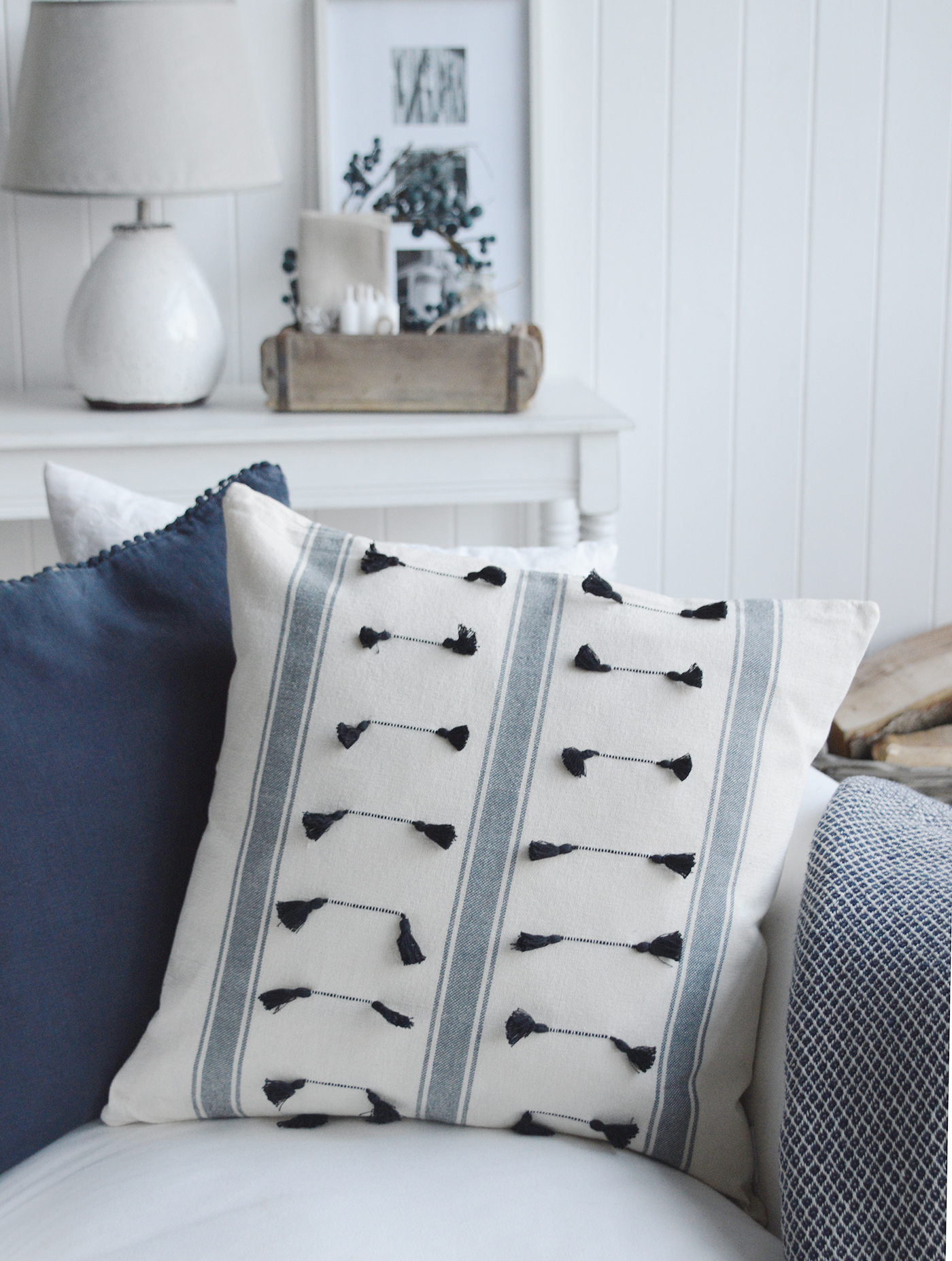 Bristol navy stripe cushion with Navy Stripes