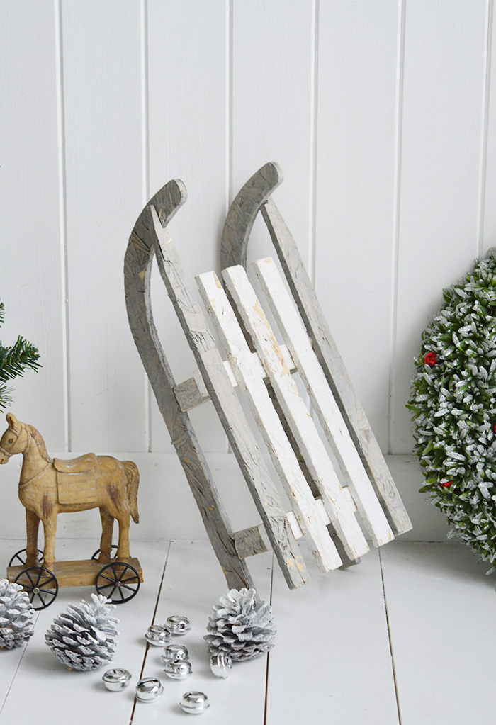 A gorgeous decorative wooden white and grey rustic sleigh for elegant ...