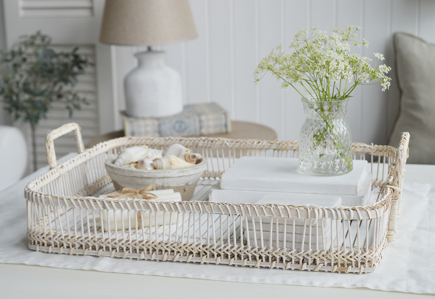 Putnam white washed Wooden Tray with handles - Coffee Table Styling