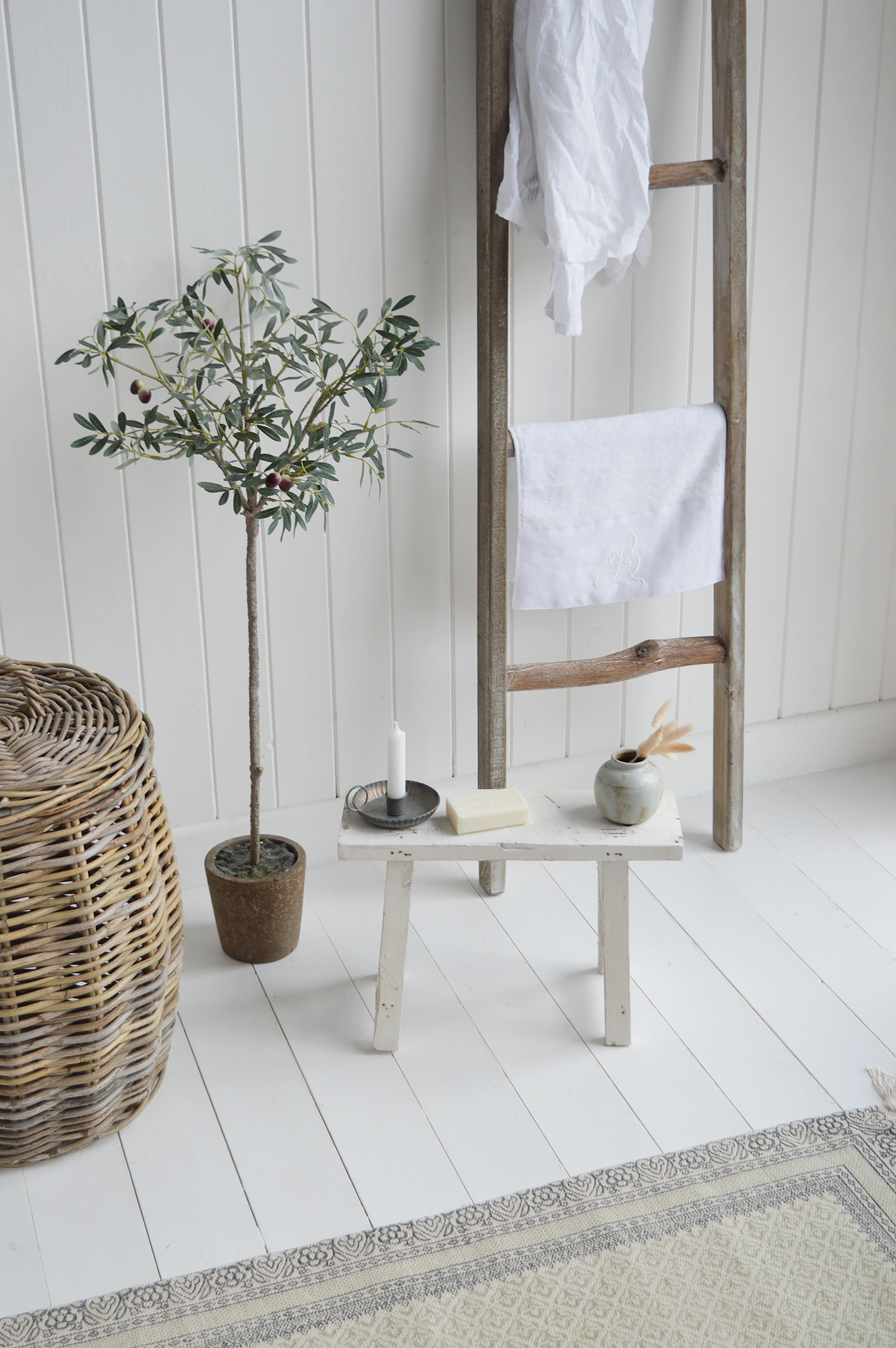 Pawtucket Grey and White Rustic Wooden Stool Side Table - Coastal ...